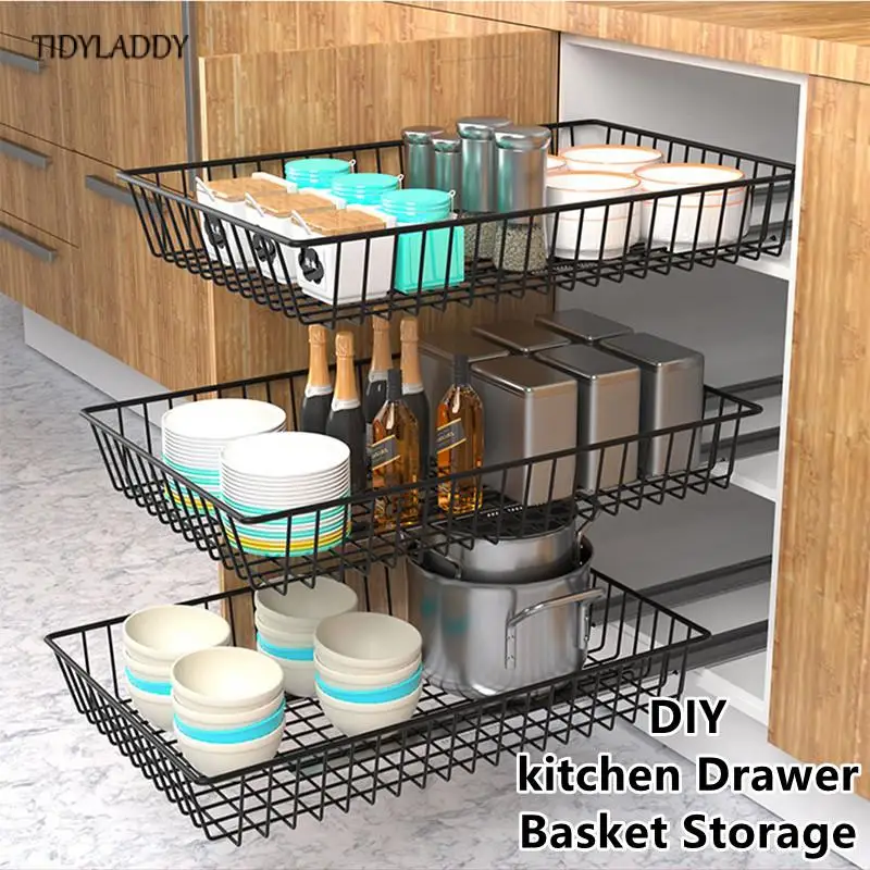 Diy-Black-Cupboard-Basket-Track-Slide-Rack-Kitchen-Organizer-Storage ...