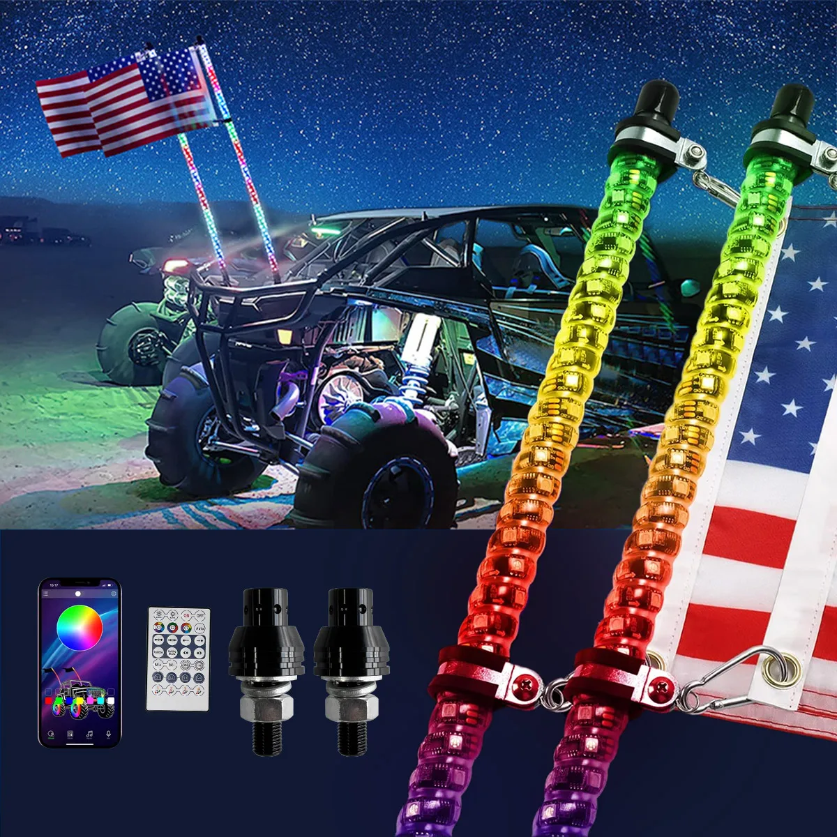 2FT-LED-Whip-Lights-Bluetooth-And-Remote-Control-Colorful-Spiral-LED ...