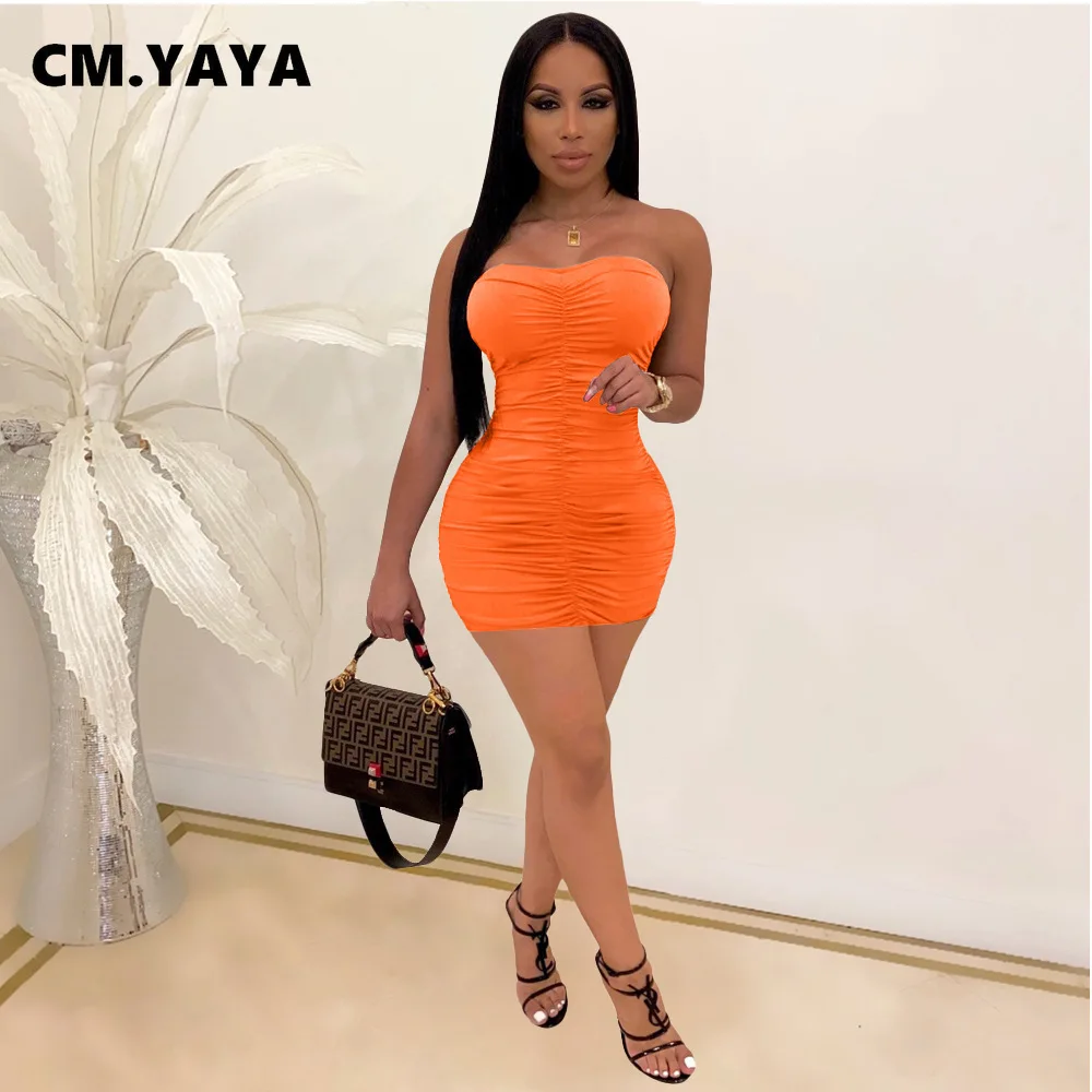 Cm.yaya Women Strapless Ruched Stacked Sexy Party Clubwear Bodycon Midi Mini Dress 2022 Summer ...