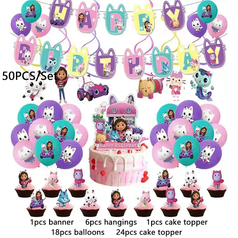 Decoración de fiesta de cumpleaños de casa de muñecas Gabby, vajilla temática de gato de dibujos ...
