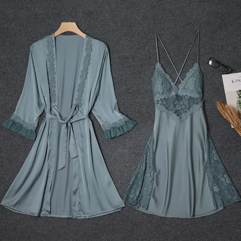 Lace Patchwork Kimono Bathrobe Set Female Sleepwear Twinset Robe Suit ...