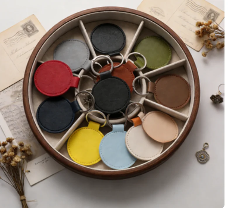 Custom Logo Circle Key Chain Holder Laser Engrave Name Round PU Leather ...