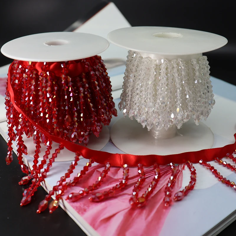 50cm-Shiny-Red-White-Fringed-Trim-Crystal-Tassle-Beaded-Lace-Ribbon ...
