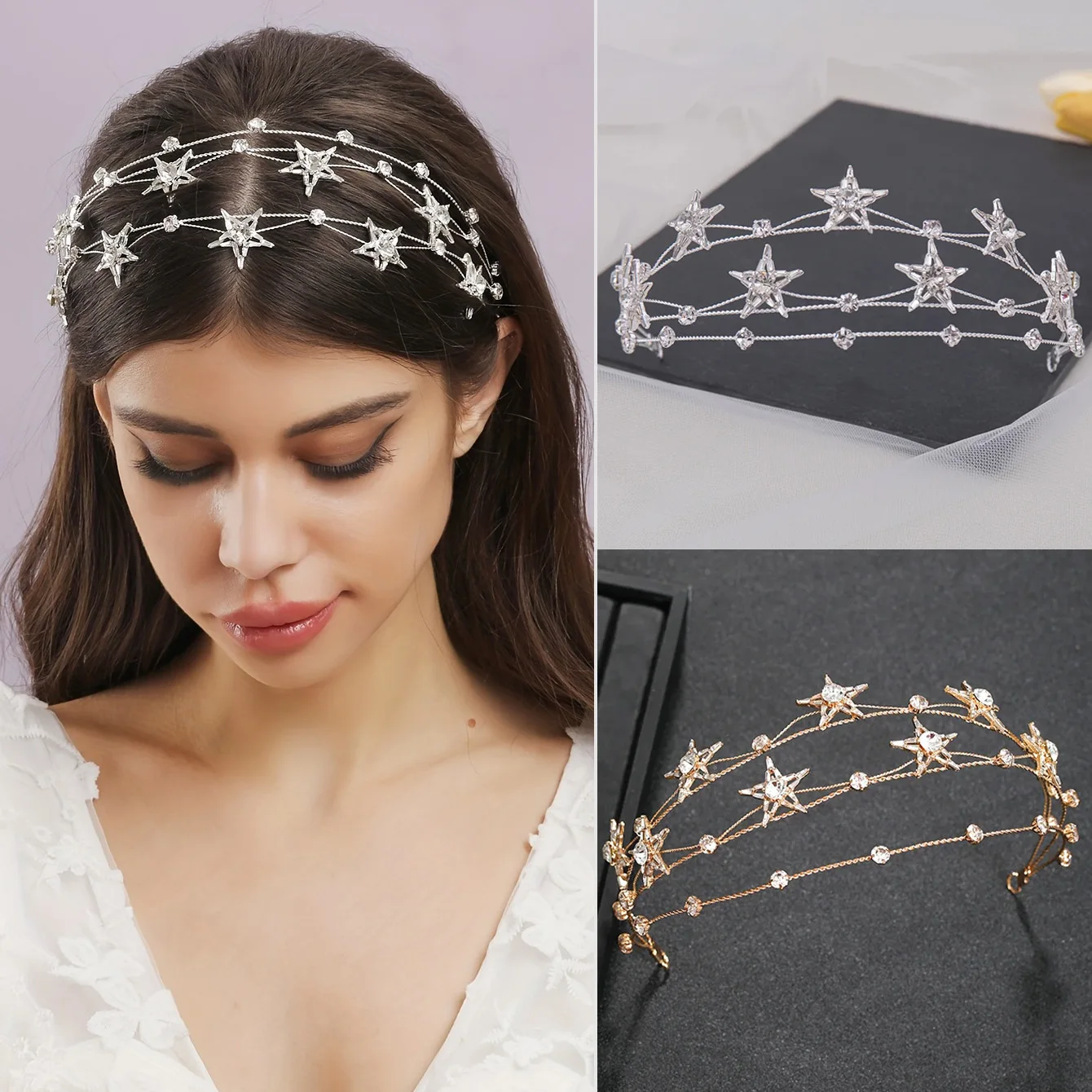 Fashion Wedding Tiara New Girl Silver Star Crystal Headband Bridal ...