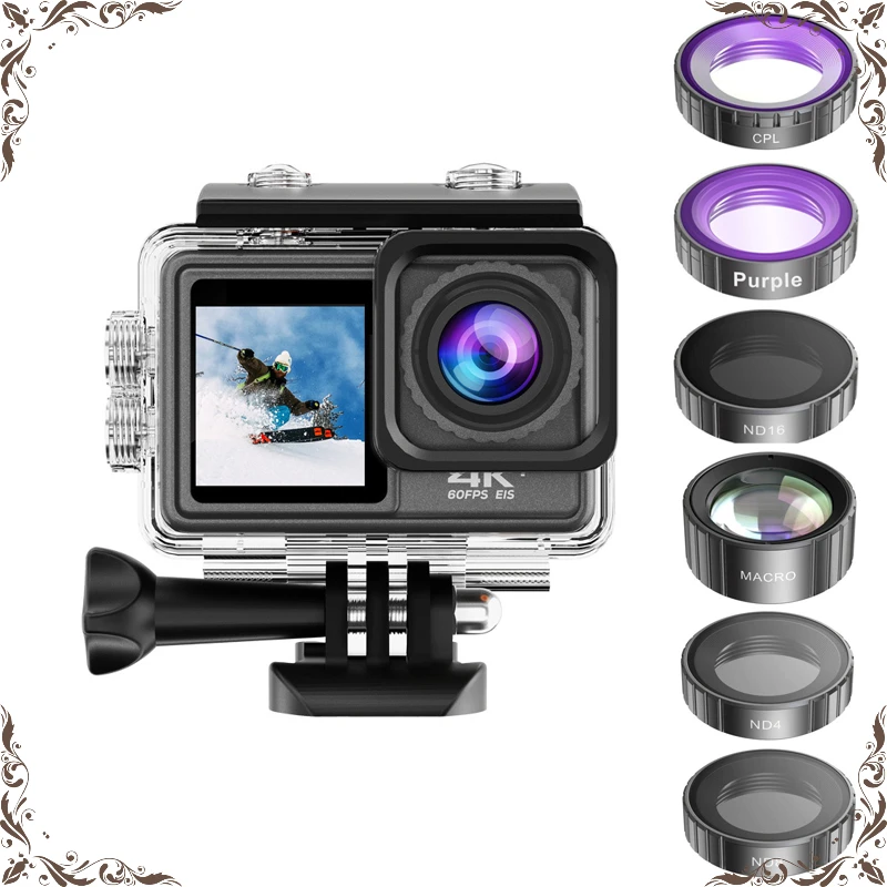 4K HD Action Camera 60FPS Dual Color Screen Outdoor WiFi Sport Camera 24MP EIS Anti-Shake ...