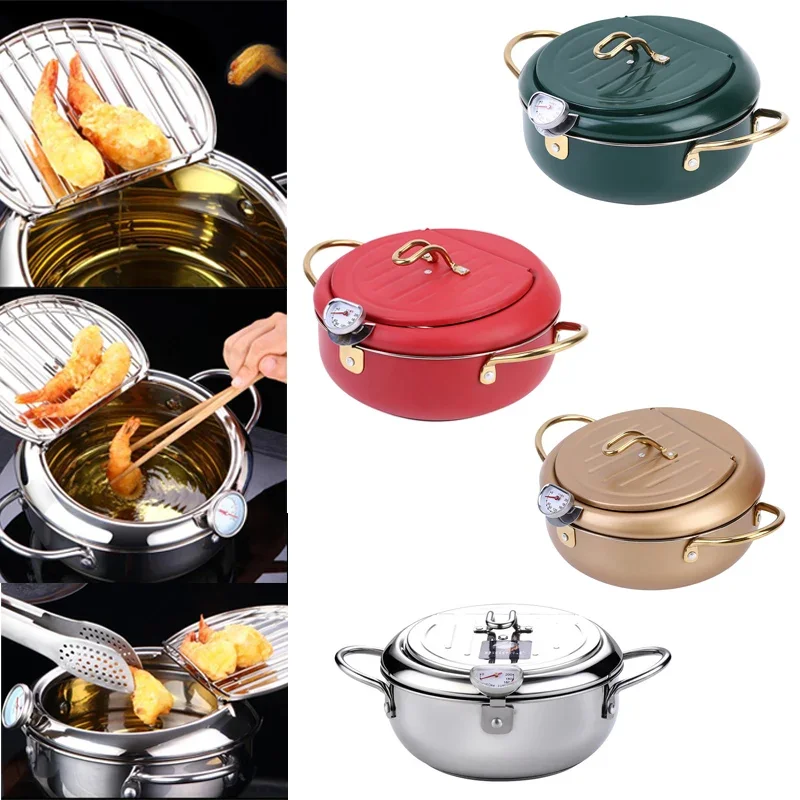 304 Stainless Steel Japanese Tempura Deep Fryer with Lid Thermometer ...