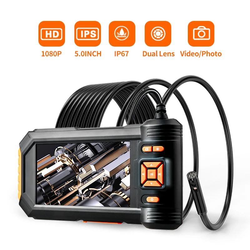 5.5mm Dual Lens Snake Inspection Camera 5 inches LCD Enoscope with ...