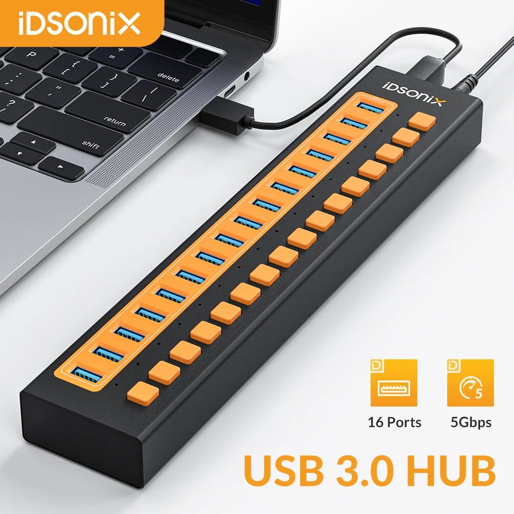 iDsonix USB 3.0 HUB 7/10/16 Port Type C Docking Station 5Gbps High Speed Individual ON/OFF USB ...