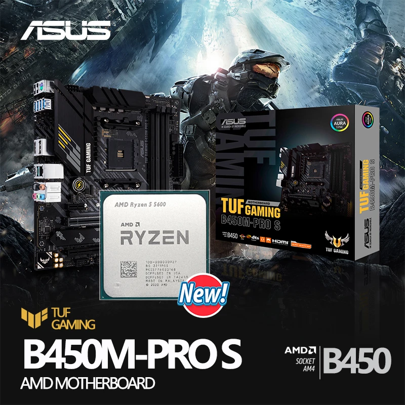 Novo Amd Ryzen 5 5600 R5 5600 + Asus Tuf Gaming B450m Pro S B450m Amd Desktop Am4 Cpu Placa-mãe ...
