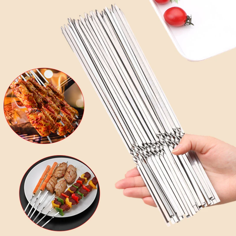50Pcs Stainless Steel Barbecue Skewer Reusable Flat BBQ Needle Stick ...