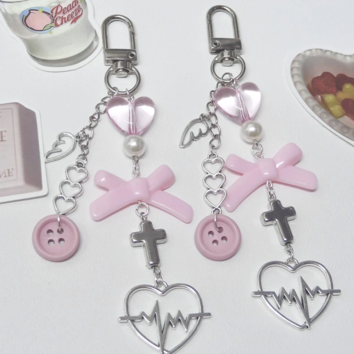 Original Y2K Pink Key Chains For Women Kawaii Pink Button Charms Cute ...