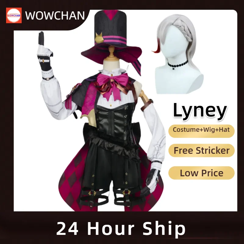Anime Lyney Cosplay Costume Wig Hat Set Fontaine magician Leather ...