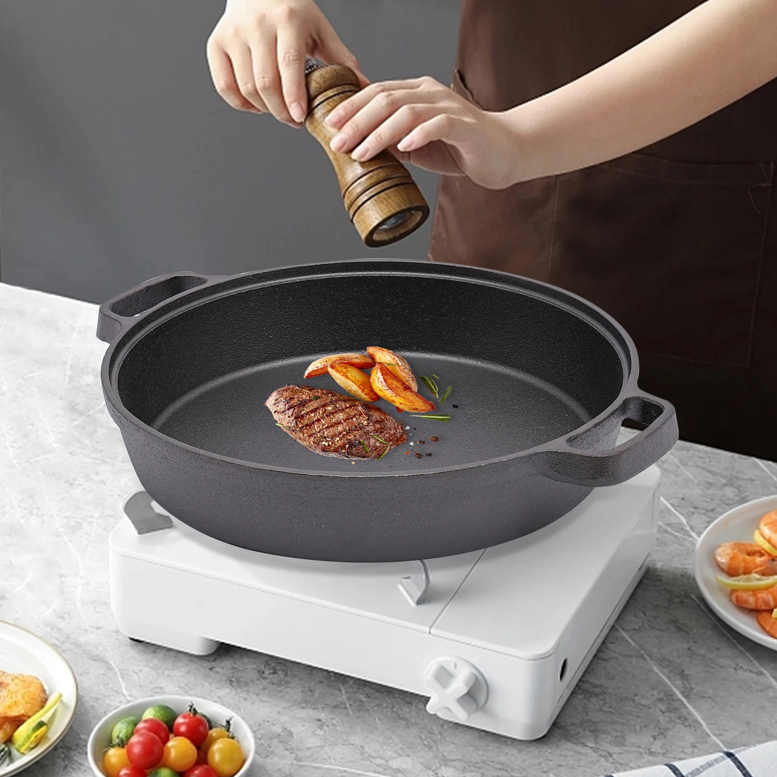 Uncoated Cast Iron Dutch Oven, Double-Handled Skillet for Induction ...