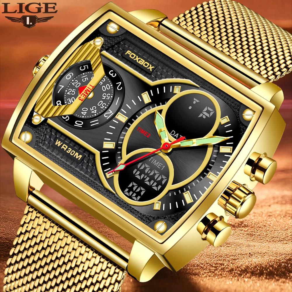 LIGE Top Brand Luxury Men Watch FOXBOX Fashion Square Watch Men Casual ...