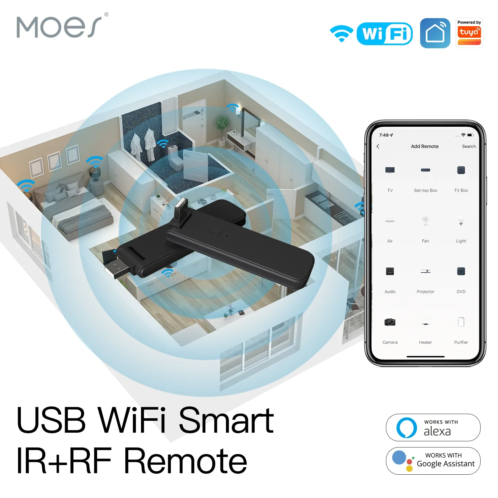 MOES Tuya Infrared WiFi Remote Controller Wireless USB IR+RF Rotate for TV Fan Switch Smart Home ...