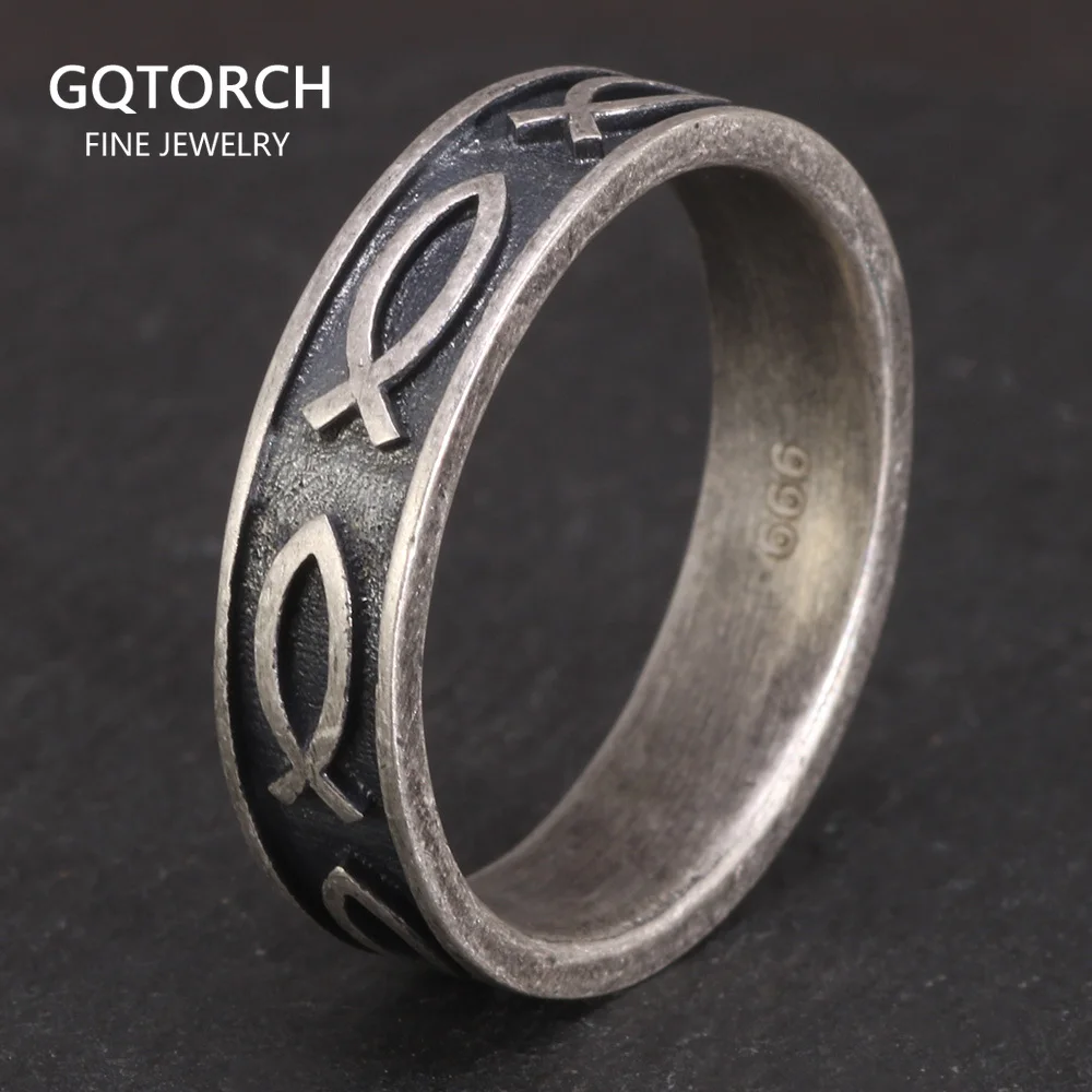 100% Real 999 Sterling Silver Jesus Fish Ring For Men Women 7 Fishes ...