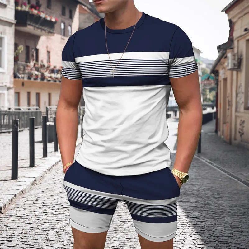 Stripe-Print-Men-s-T-Shirt-Shorts-Set-Short-Sleeve-Tracksuits-Casual ...