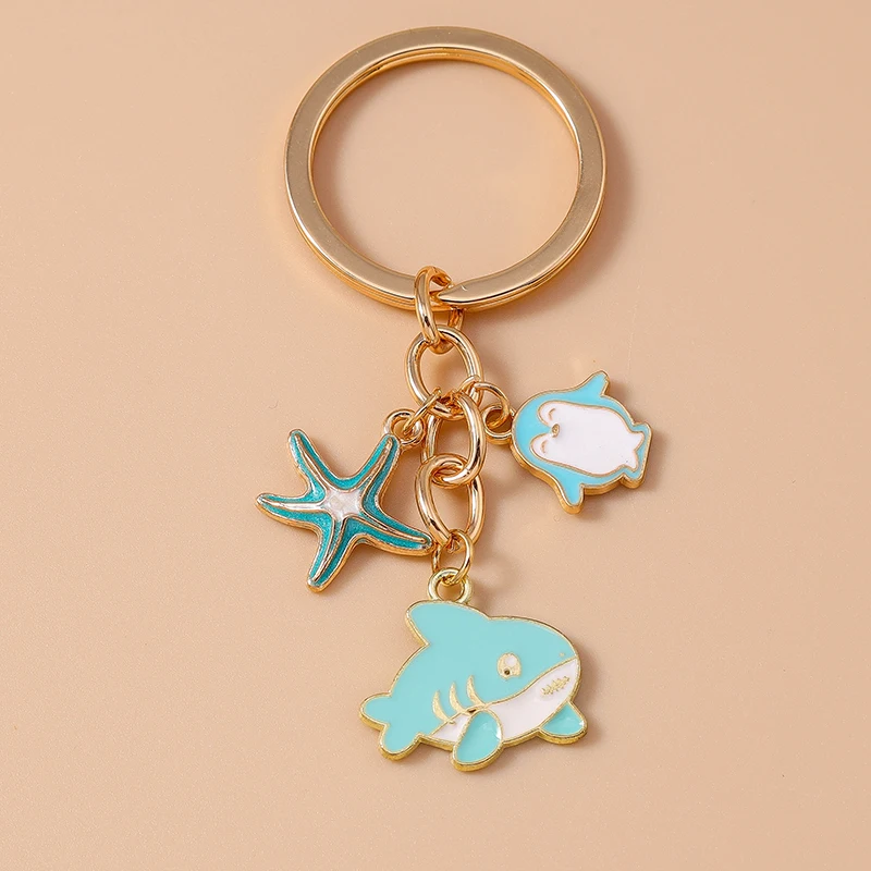 Cartoon Marine Life Keychain Enamel Shark Penguin Starfish Key Rings ...