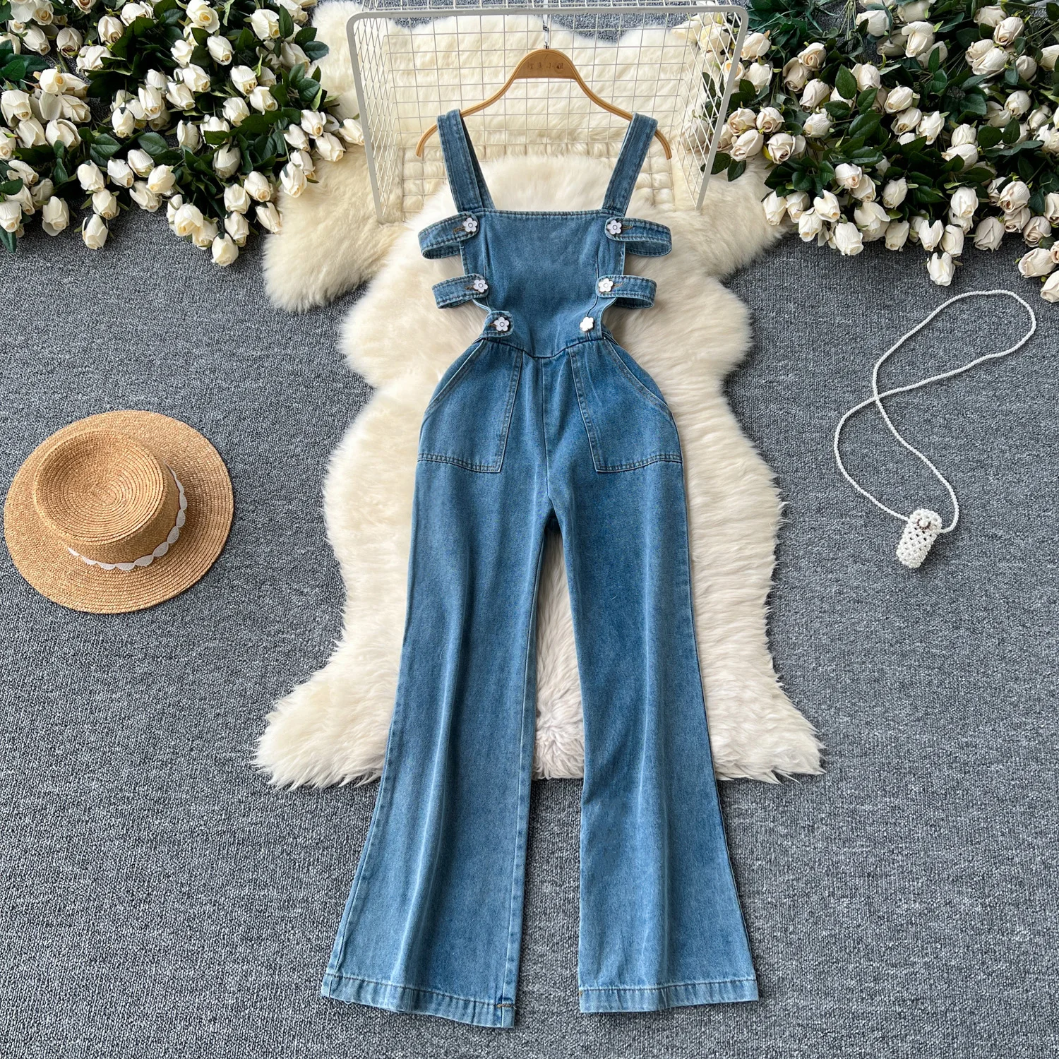 Women Summer Denim Overalls Season Hollow Out Slim Waist Wide Leg ...