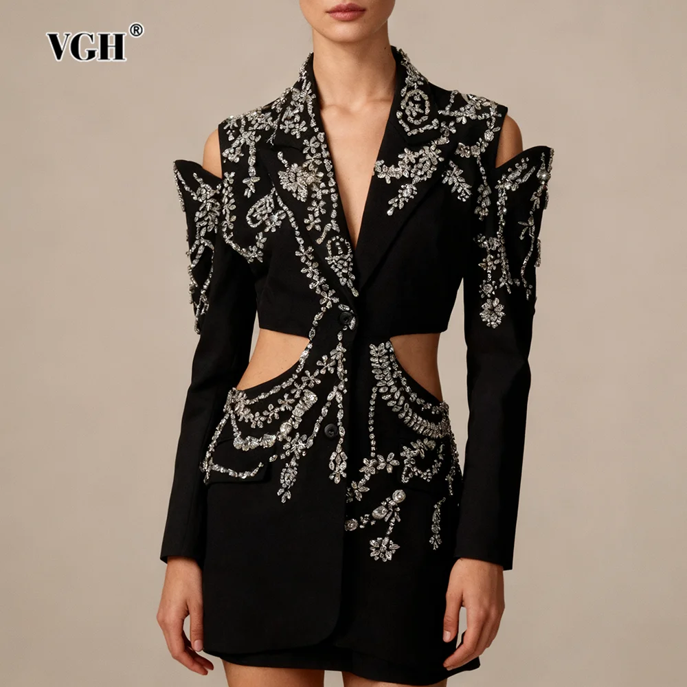 VGH High End Banquet Spliced Diamond Blazer Jacket for Women Lapel Long ...