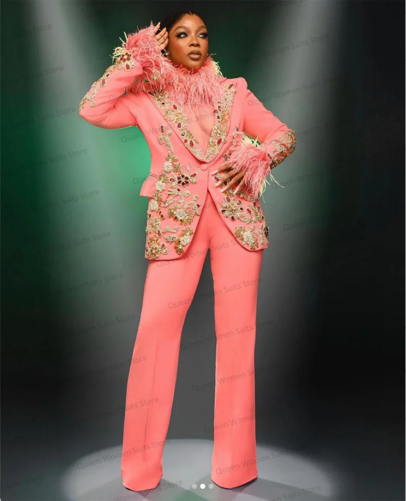 Pink-Ostrich-Feather-Women-Suits-Pant-Set-Crystal-Blazer-Trousers ...