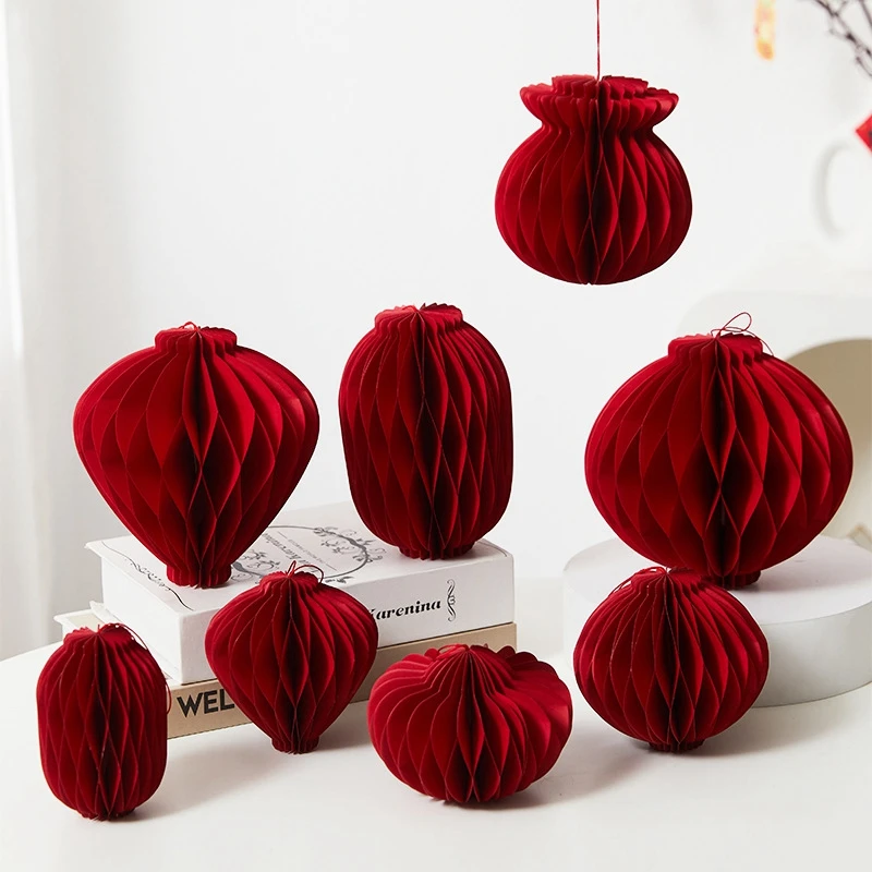 2026 New Year Decoraitons Red Paper Honeycomb Lantern Christmas Tree ...