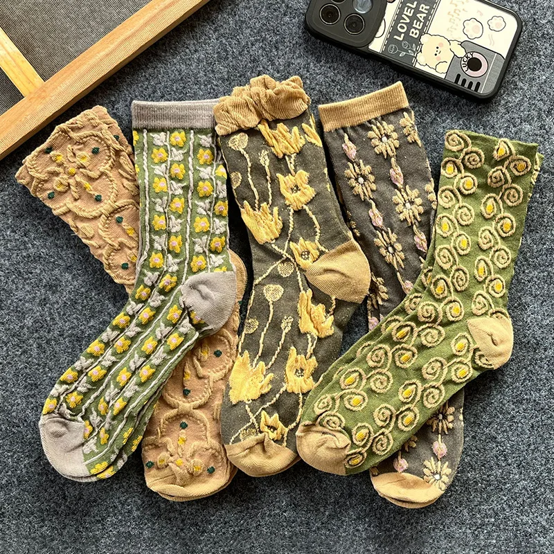 5-Pairs-Retro-Artistic-Socks-Women-National-Boho-Midi-Socks-Floral ...