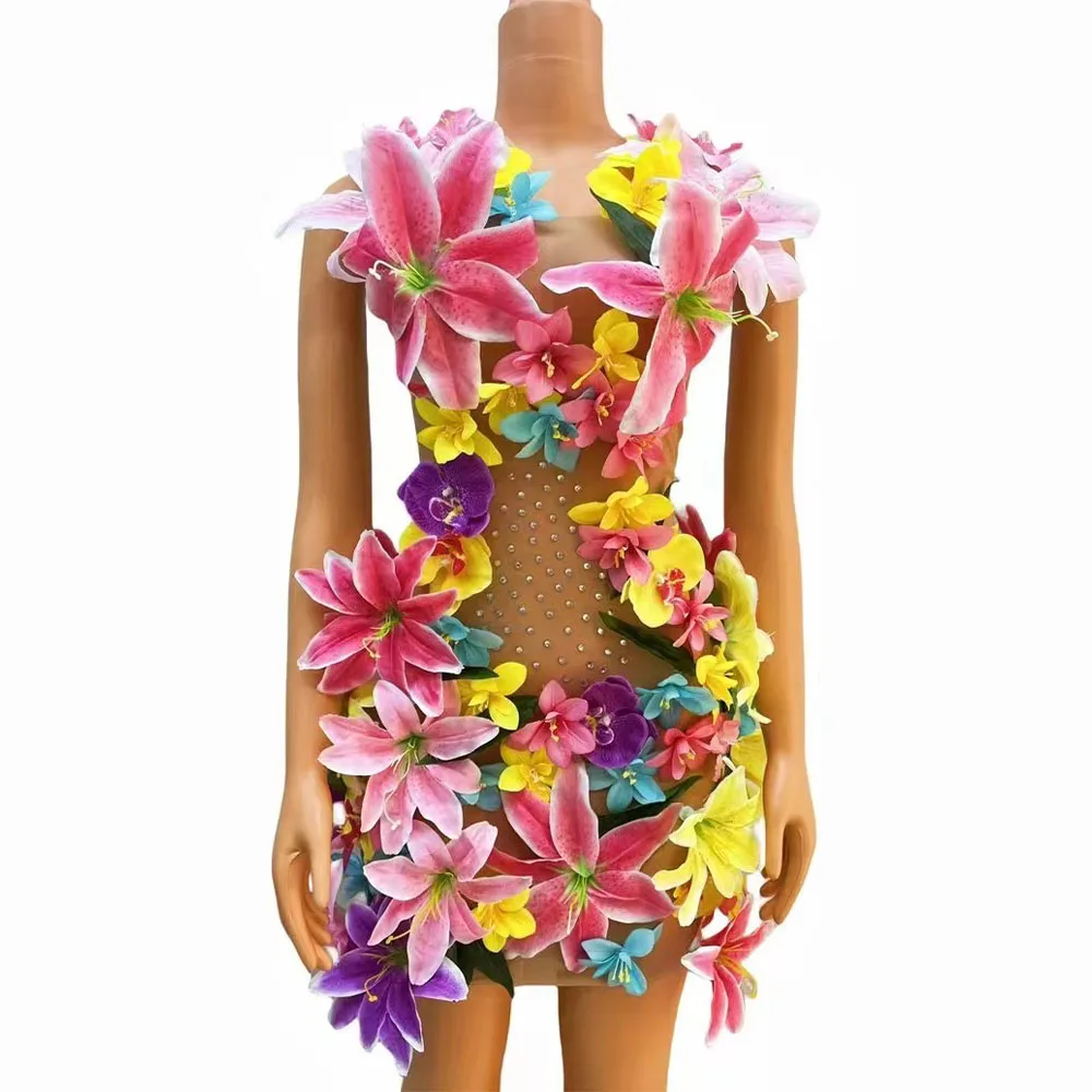 Sexy-Colorful-Flowers-Rhinestones-Mesh-Dress-Wedding-Birthday-Celebrate ...