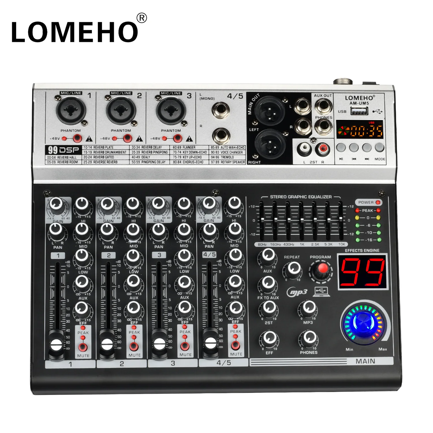 5 Channel Mixing Console 48V 99 Effect Bluetooth Audio Mixer USB ...
