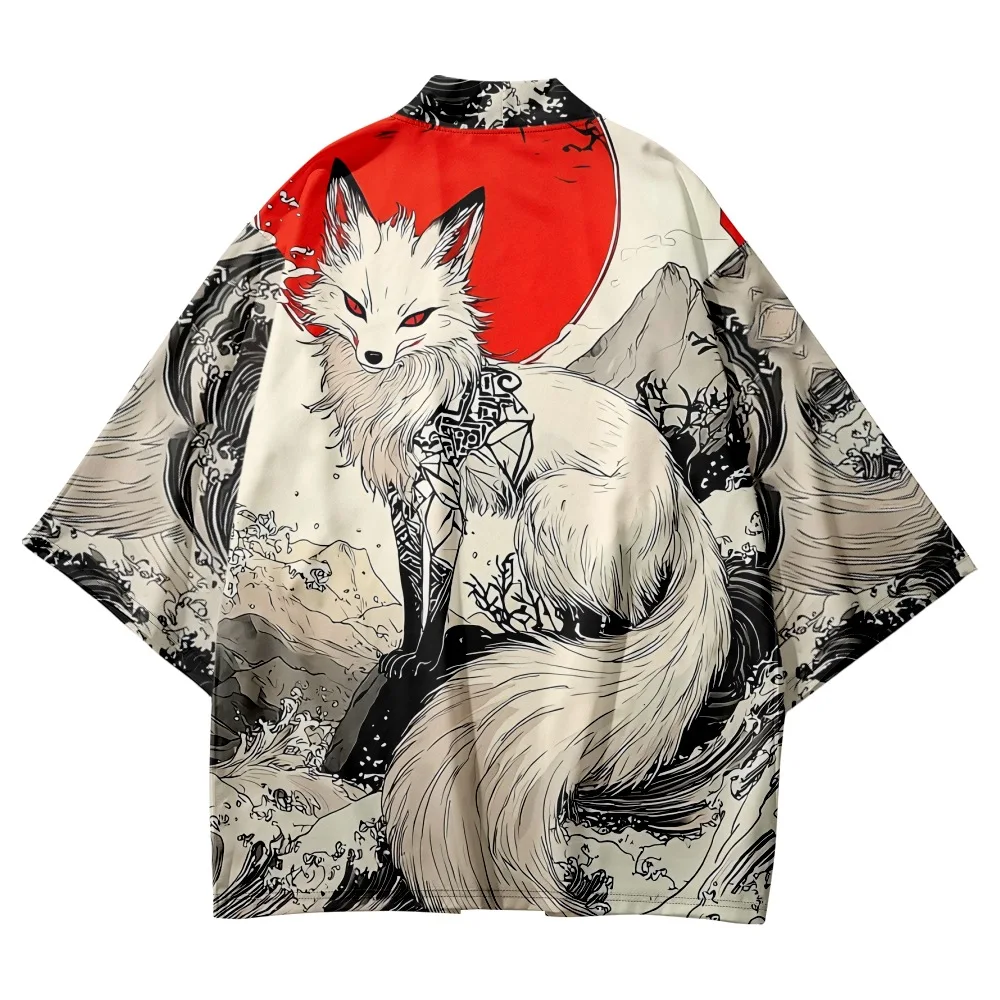 Chinese White Fox Print Cardigan Kimono Women Men Japanese Haori ...