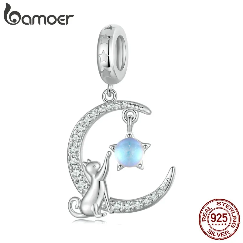 Bamoer 925 Sterling Silver Moon & Cat Hanging Bead Moonstone Pendant ...