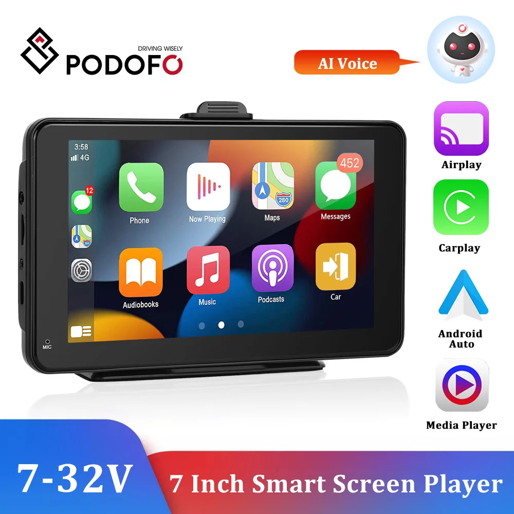 Podofo Universal 7'' Hd 1024*600 Screen Car Monitor Carplay Mp5 Supports Android Auto With Voice ...