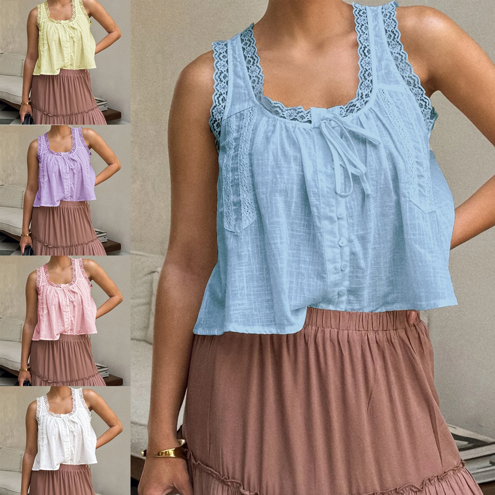 Women Soild Loose Tank Tops Casual Summer Lace Patchwork U-Neck ...