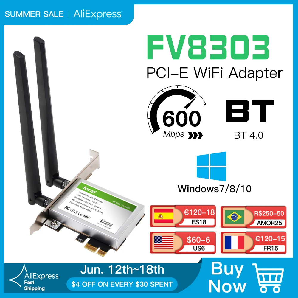 Fenvi Dual band 600Mbps PCI Express WiFi Adapter BT 4,0 Desktop ...