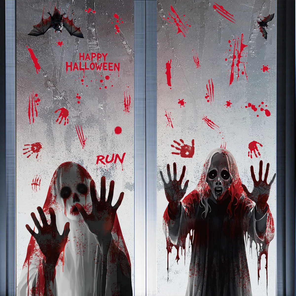 Halloween Static Cling Stickers Scary Ghost Woman Bloody Handprint ...