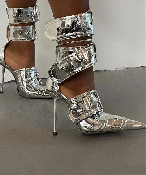 Silver-Pointed-Toe-Metallic-High-Heel-Boots-Women-BuckLE-Design-Leather ...