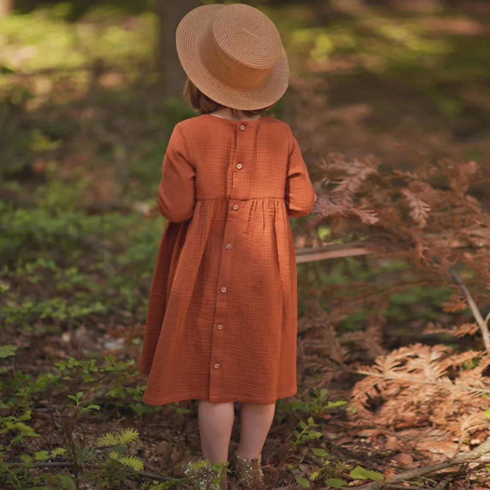 100-Organic-Cotton-Baby-Girls-Muslin-Dresses-Long-Sleeves-Solid-A-line ...