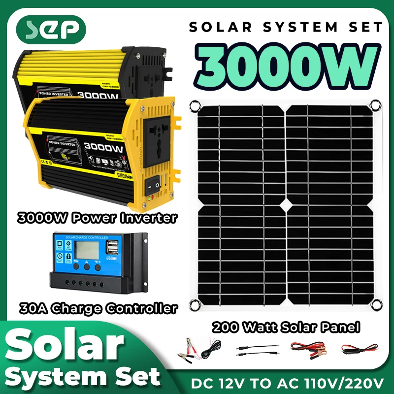 New-200W-5V-Solar-Panel-3000W-Inverter-USB-Solar-Kit-with-30A ...