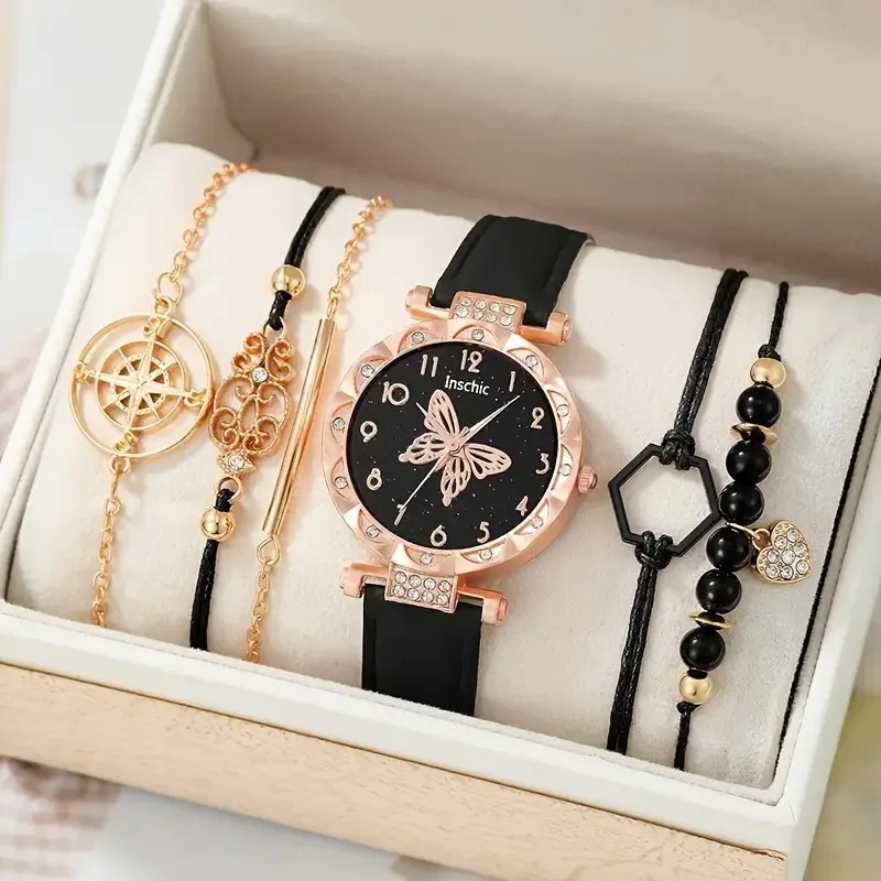 6Pcs/Set Women Fashion Leather Band Watches Gift Box Ladies Black ...