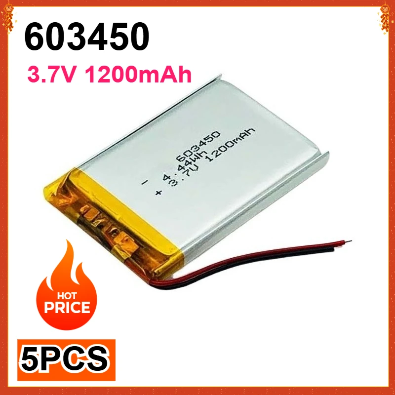 5 Pcs 3.7V 1200mAh Lipo Polymer Lithium Battery 603450 for Emergency ...