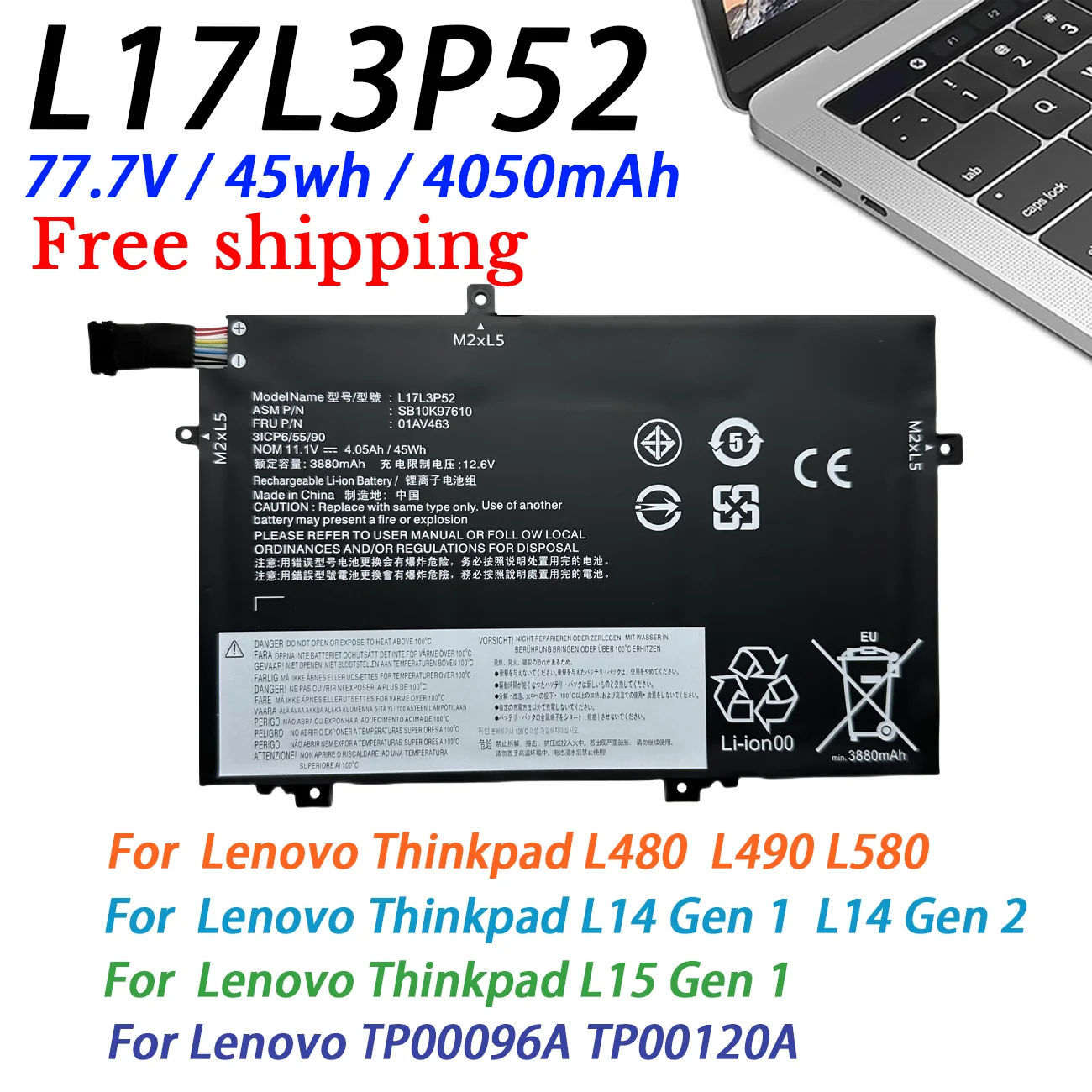 New-L17L3P52-L17M3P53-L17C3P52-Battery-For-Lenovo-ThinkPad-L480-L490 ...