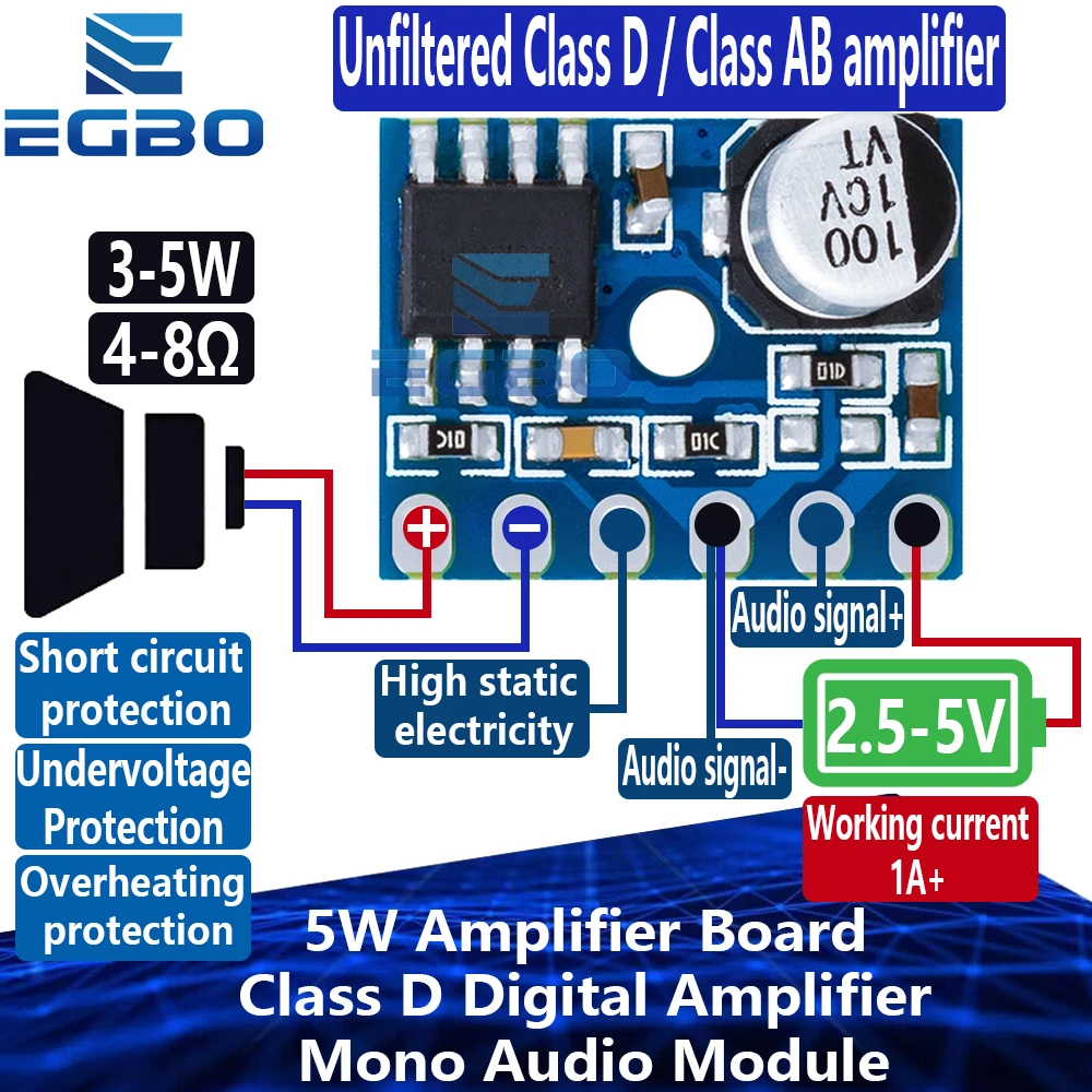 5v-5128-Amplifier-Board-5W-Class-D-Digital-Amplifier-Board-Mono-Audio ...
