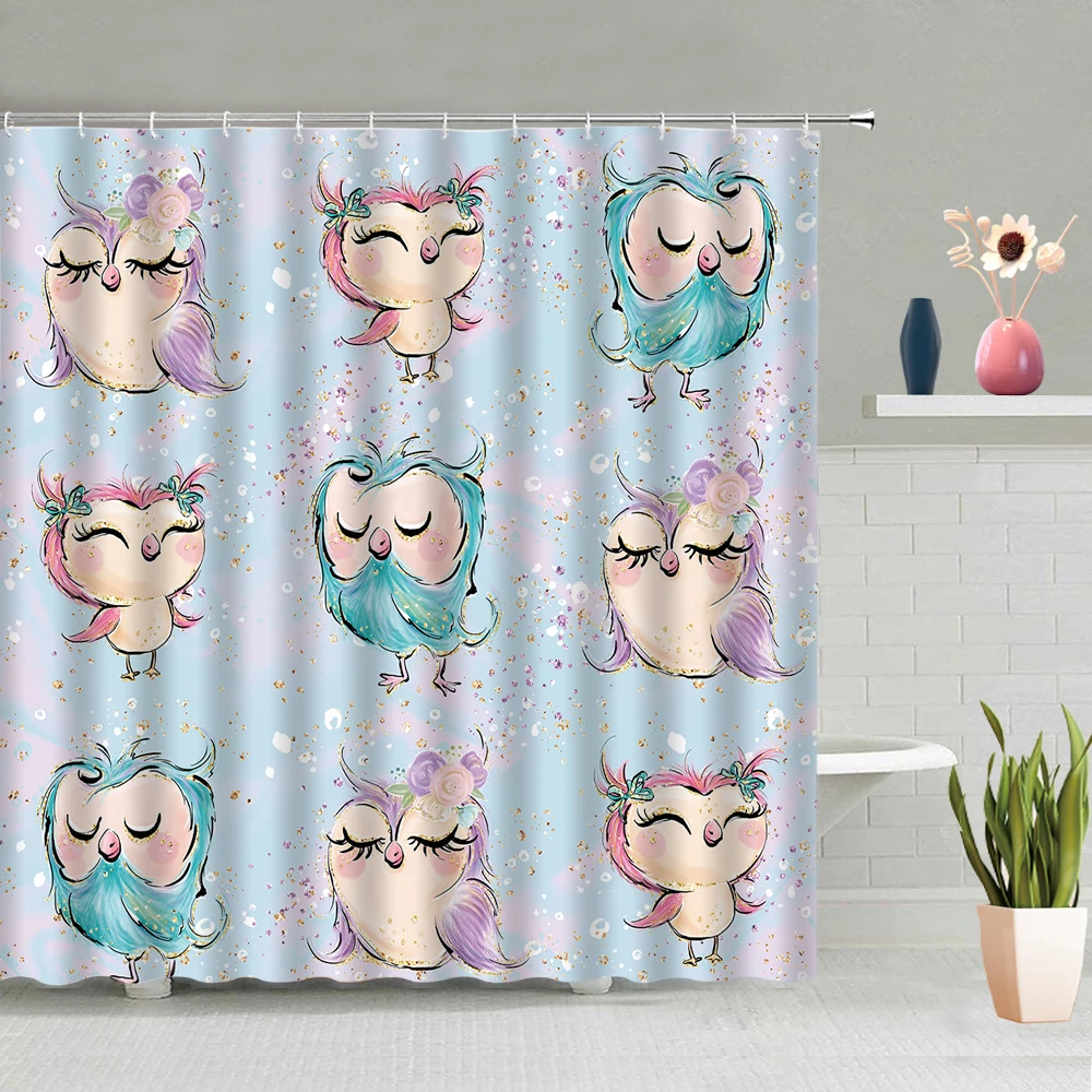 Three Colorful Owls Waterproof Polyester Shower Curtain And Hooks