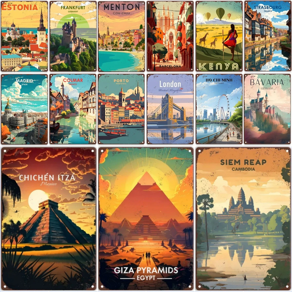 Travel Round The World Vintage Metal Sign.KENYA,EGYPT,PYRAMIDS Retro ...