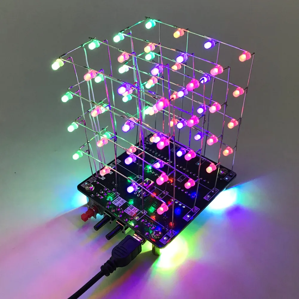 4x4x4-3D-LED-Cube-DIY-Kit-Colorful-3D-Cube-Audio-Spectrum-Indicator-LED ...