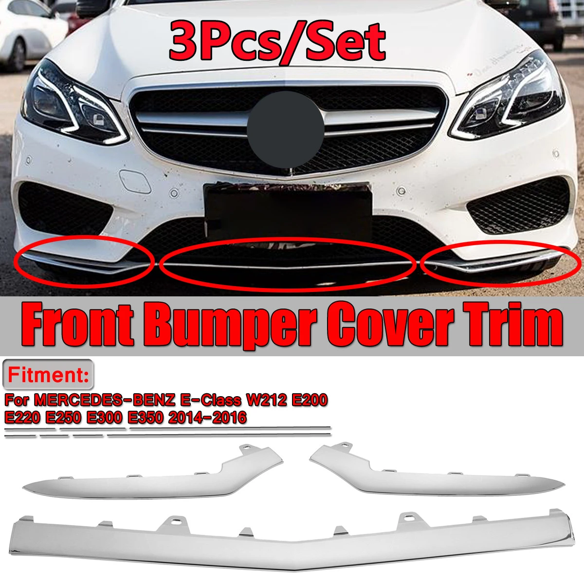 Set of 3 Lower Front Bumper Chrome Trim Molding For Mercedes W212 E200 E250 E300 E350 4 Door ...