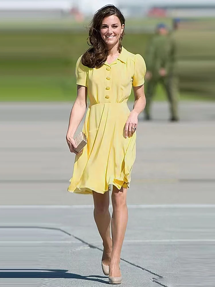 Kate-Middleton-Princess-New-Summer-High-Quality-Women-S-Yellow-Button ...