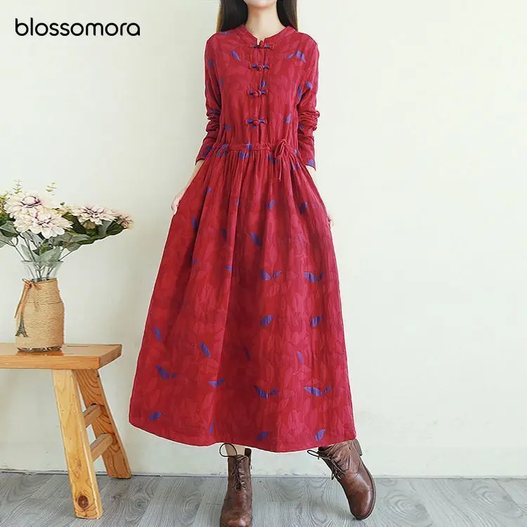 Blossomora-Vintage-Print-Loose-Lace-Up-Tunic-Maxi-Dress-Casual-Stand ...