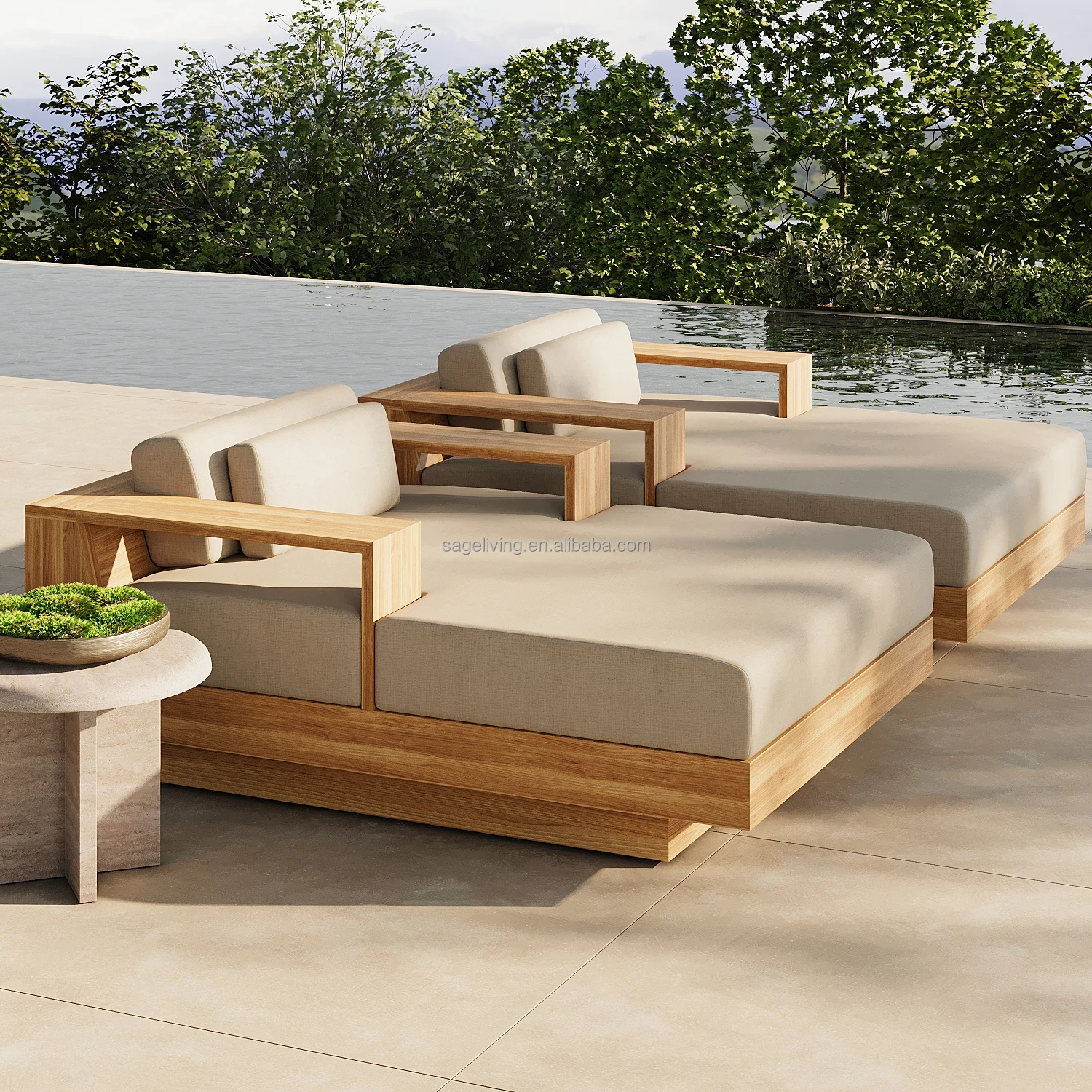 Luxury Portable Sunbed Durable Wood Day Bed for Garden Beach Poolside ...