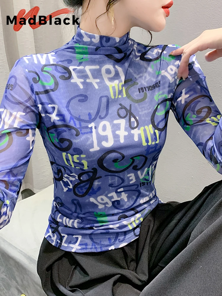 MadBlack-European-Clothes-Tshirt-Women-Mock-Neck-Letter-Print-Mesh-Slim ...